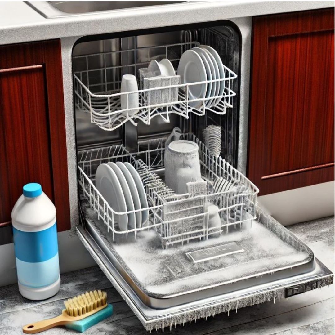 What is the white gunk in my dishwasher & how can I clean it?